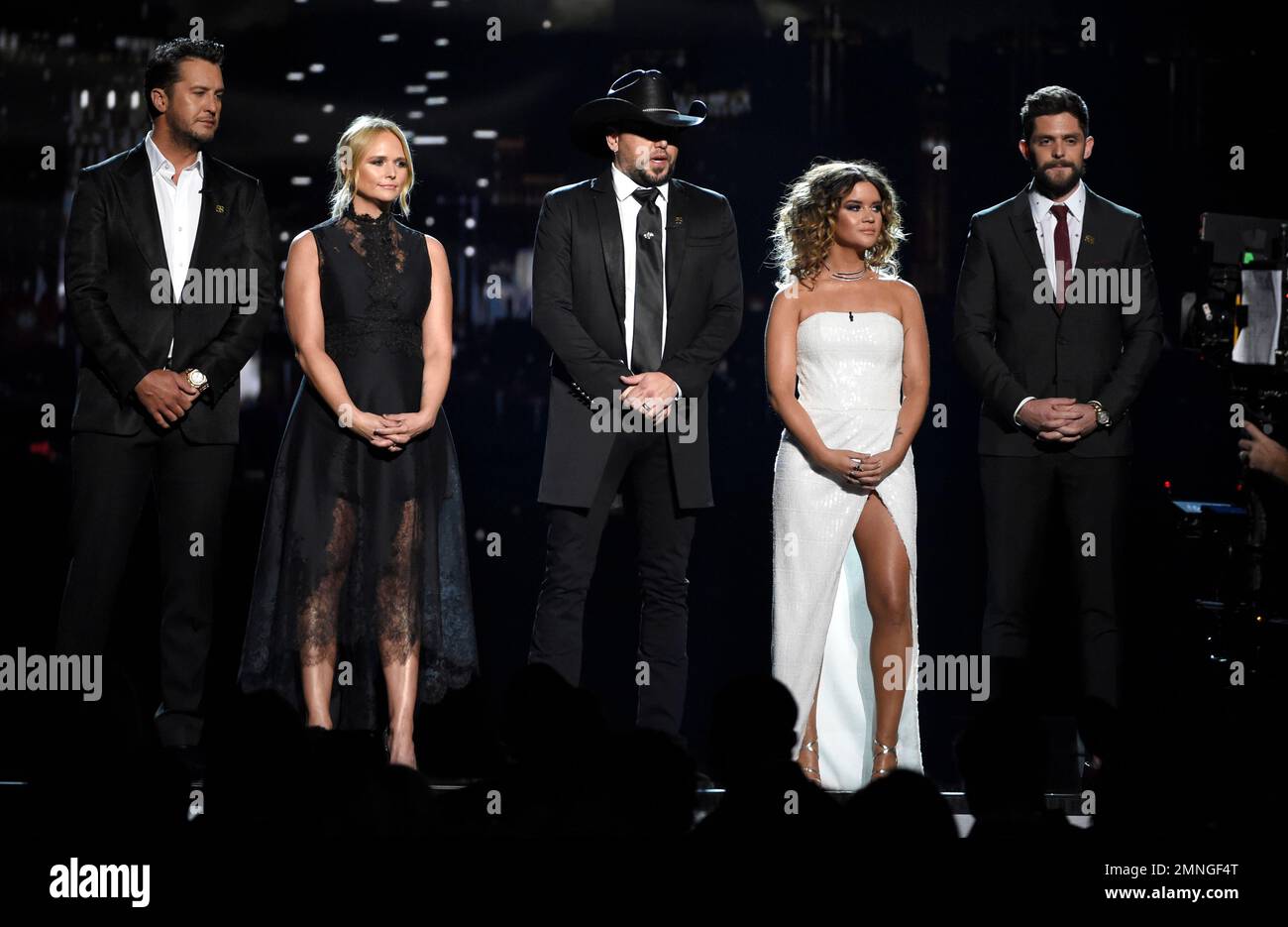 Luke Bryan, from left, Miranda Lambert, Jason Aldean, Maren Morris and Thomas Rhett speak at the ...