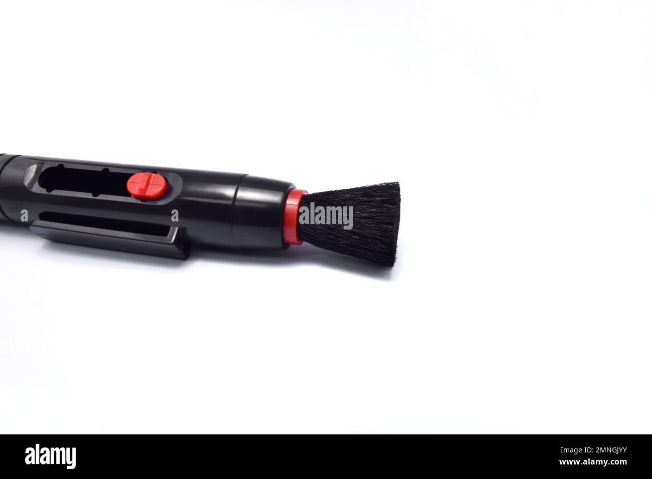 black and red lens pen, closeup and isolated on white background ...