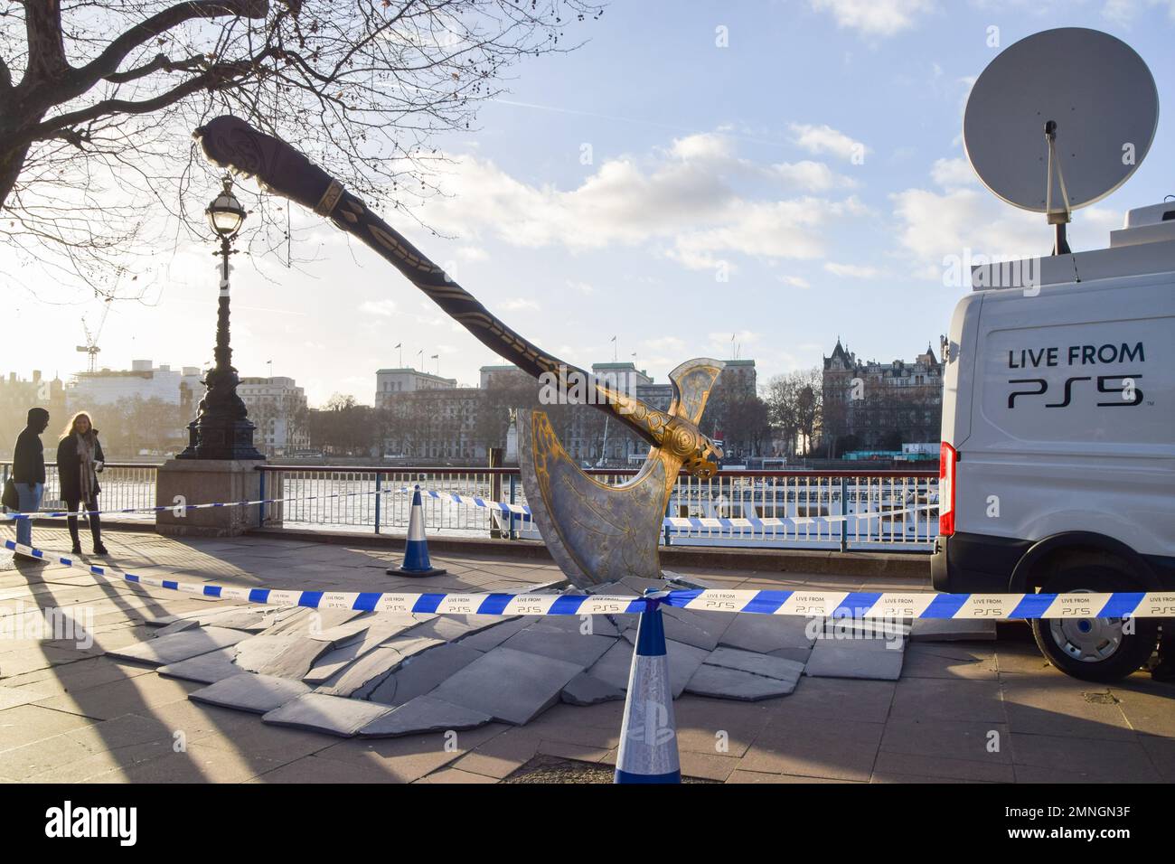 London, UK. 30th January 2023. A giant replica axe from the video game ...