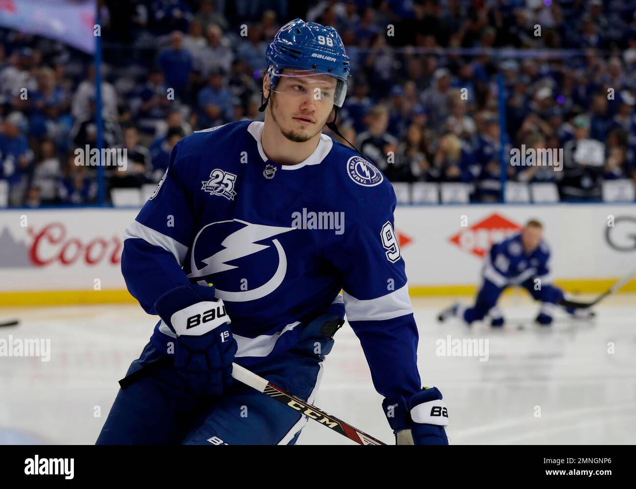 Tampa Bay Lightning defenseman Mikhail Sergachev (98) before Game 2 of ...