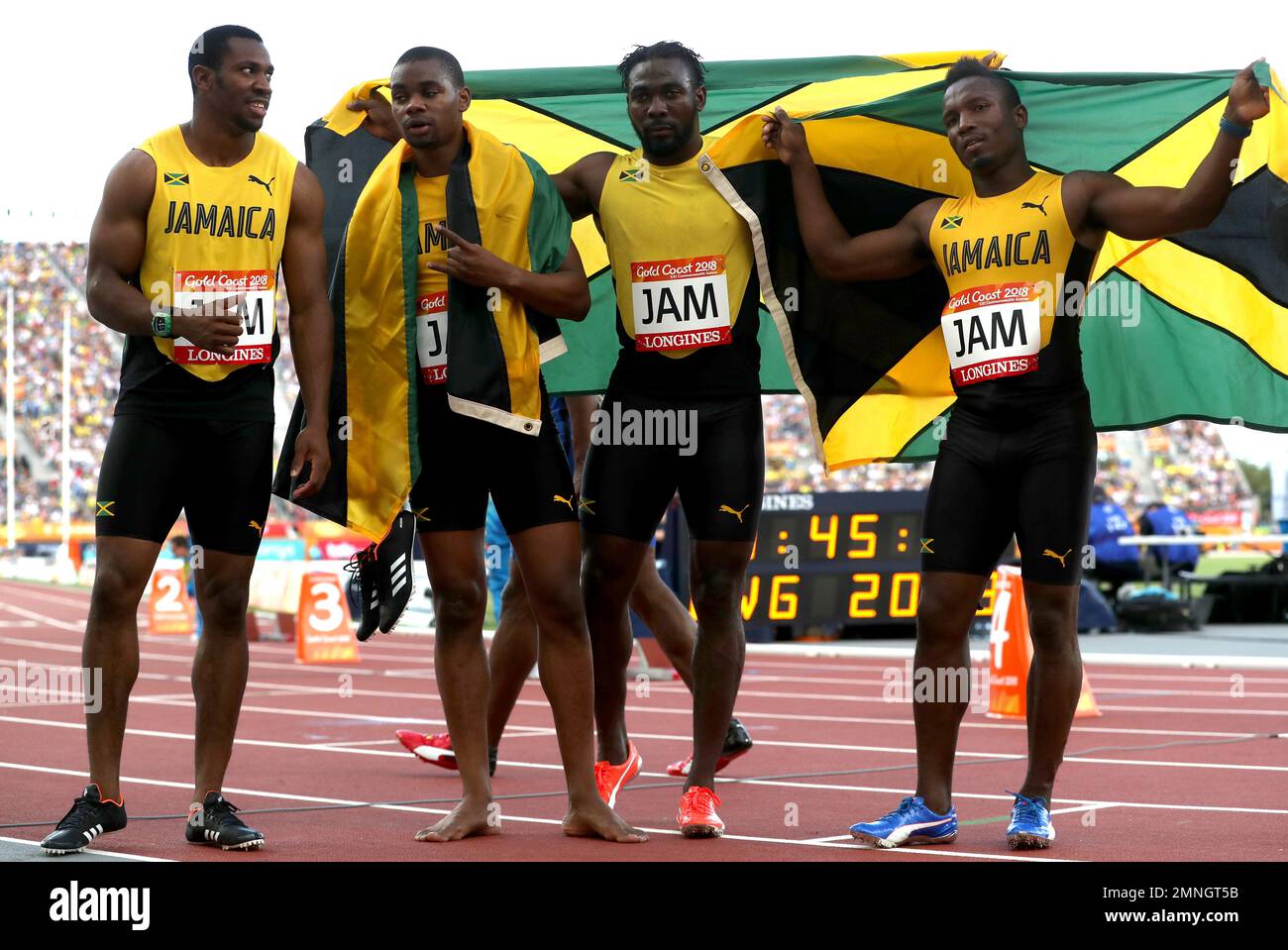 Jamaica's men's 4x100m relay team pose for a picture after their third place finish at Carrara ...