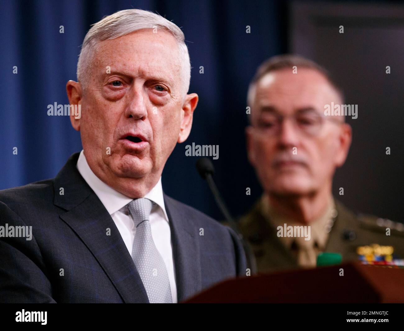 Defense Secretary Jim Mattis, joined by Joint Chiefs Chairman Gen. Joseph Dunford, speaks at the ...