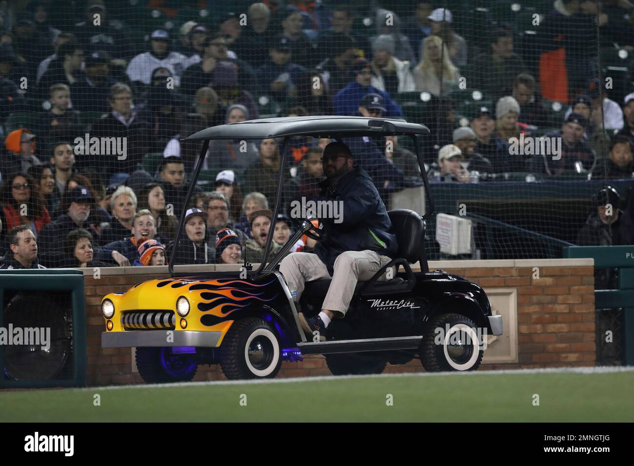 The Detroit Tigers bullpen buggy makes an appearance during the seventh ...