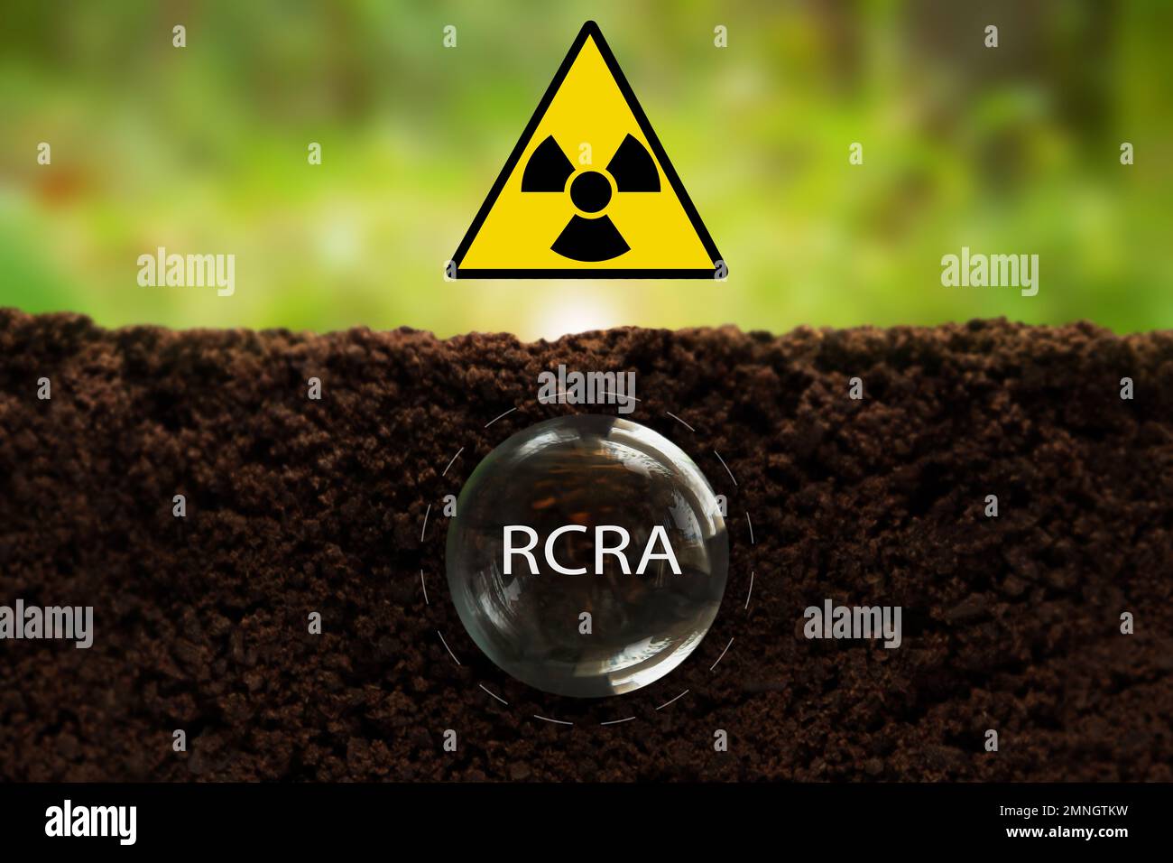 Transparent capsule underground on a green background. radioactive ...