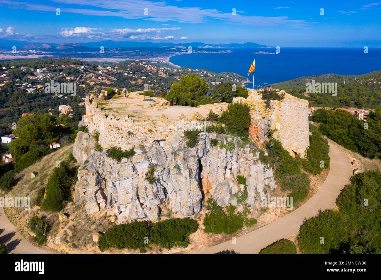 Aerial view of ruins of ancient fortified castle of Begur, Spain Stock ...