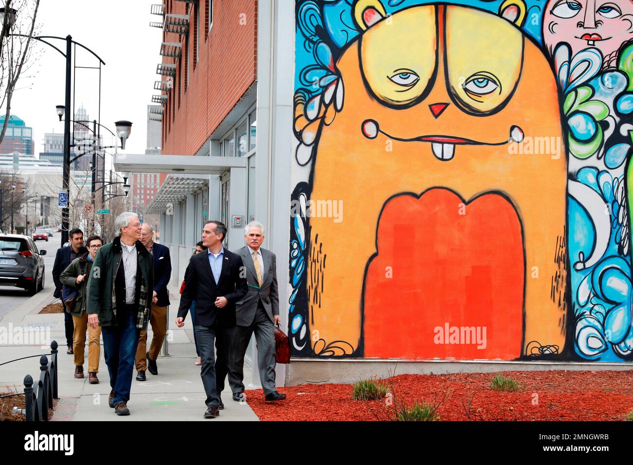 Los Angeles Mayor Eric Garcetti tours a downtown shopping district with ...