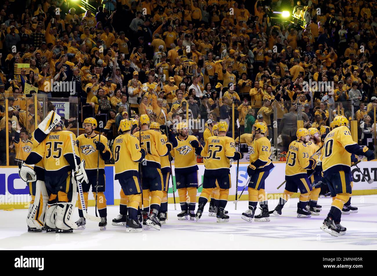 The Predators celebrate after beating the Colorado Avalanche in Game 1 ...