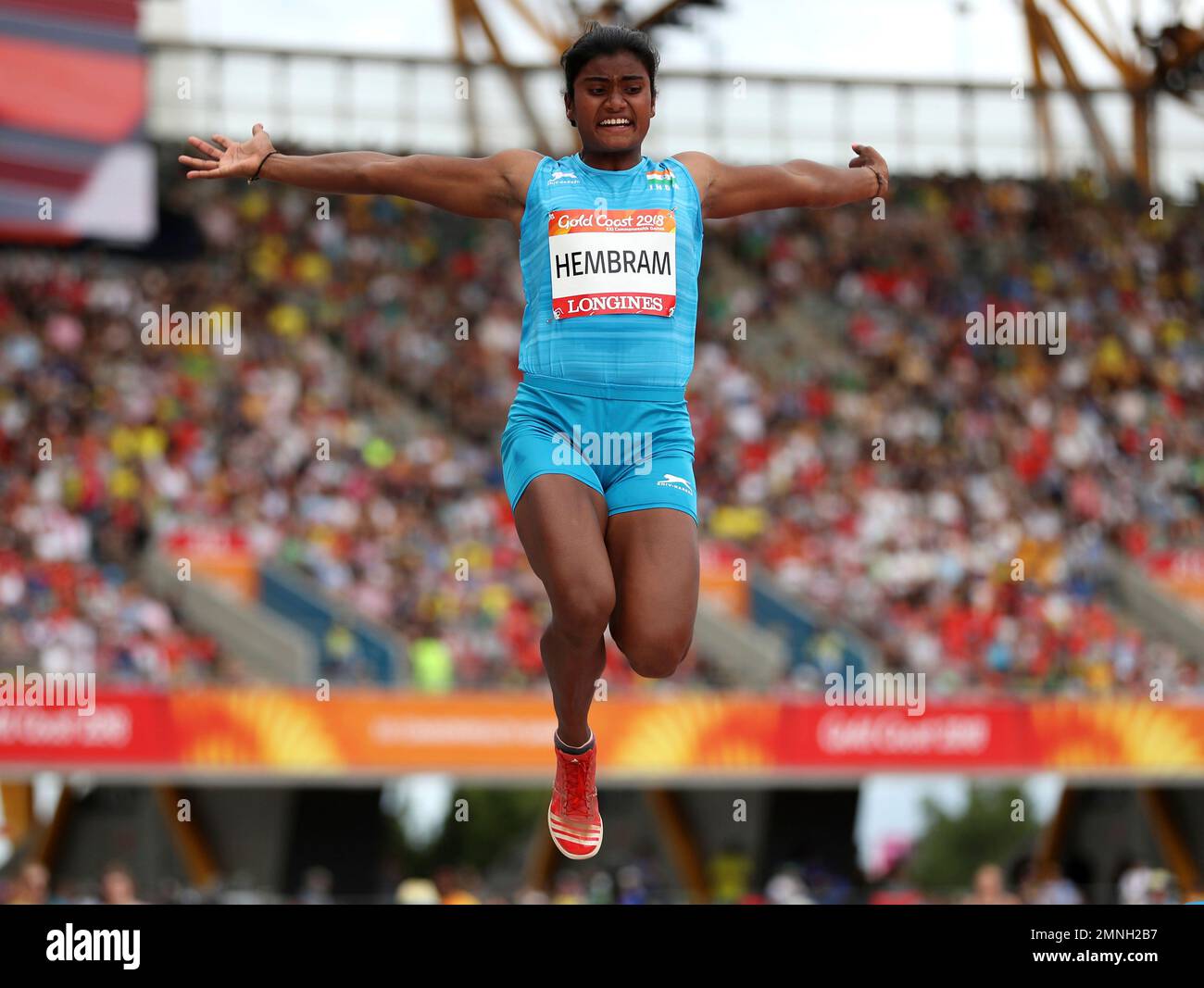 India's Purnima Hembram competes in the heptathlon long jump at Carrara ...