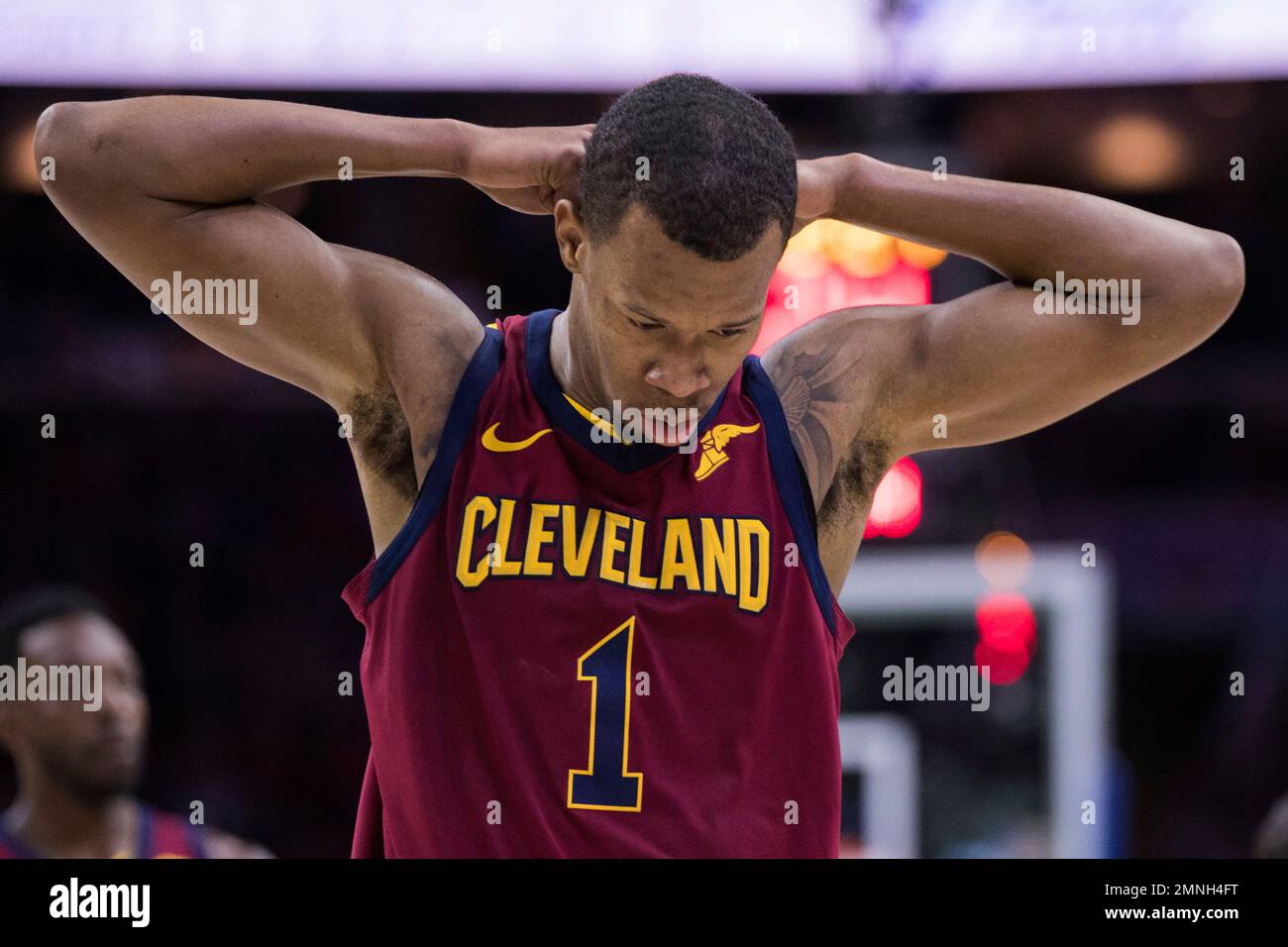 Cleveland Cavaliers' Rodney Hood reacts during the first half of an NBA ...