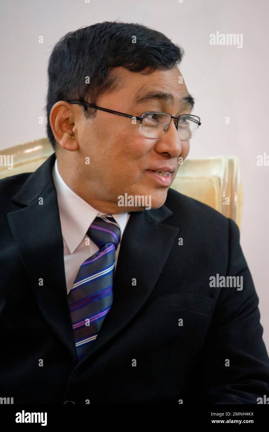 Myanmar's Social Welfare Minister Win Myat Aye, smiles during a meeting ...