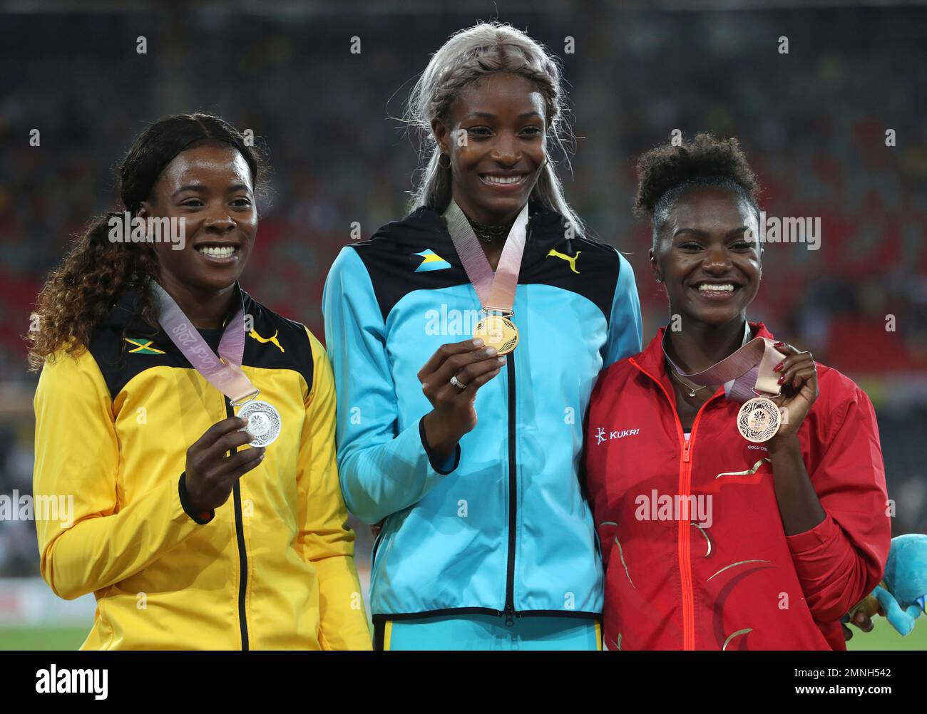 Women's 200m gold medalist Bahamas Shaunae Miller-Uibo centre, stands ...