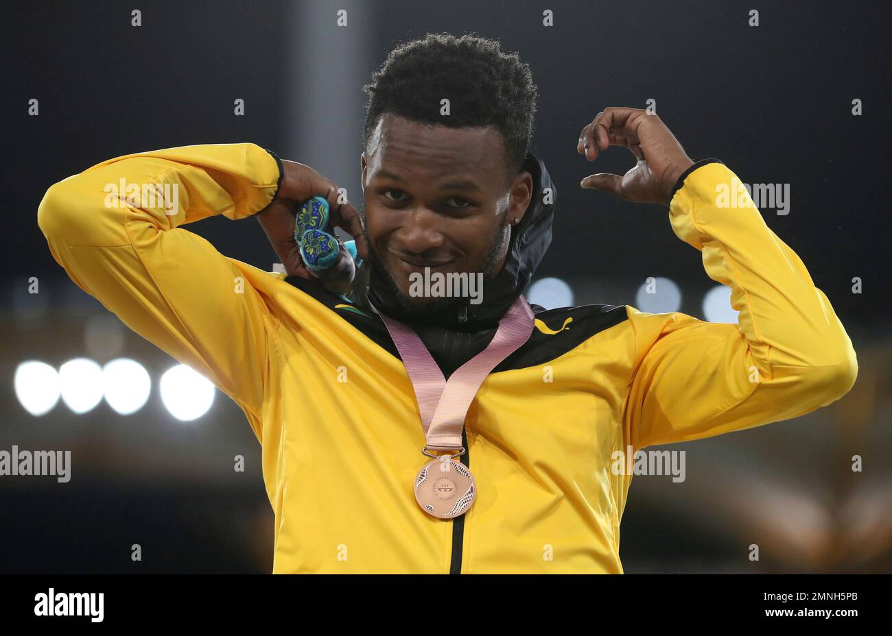 Men's 400m hurdles bronze medalist Jamaica's Jaheel Hyde on the podium ...