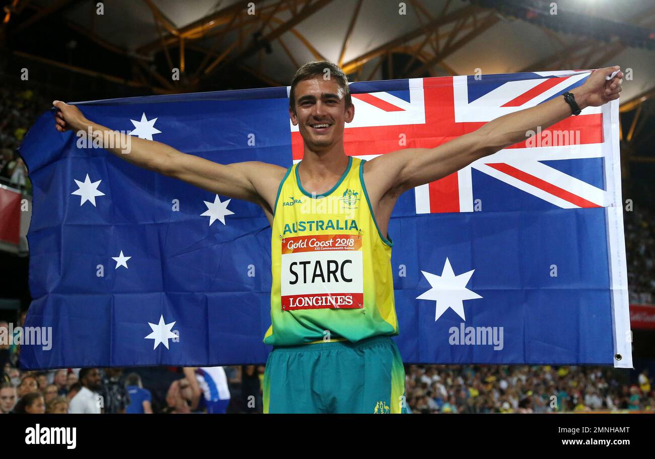 Australia's Brandon Starc celebrates after winning the men's high jump ...
