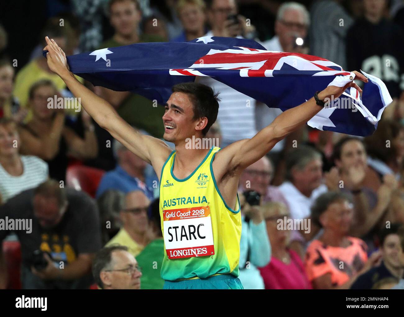 Australia's Brandon Starc celebrates after winning the men's high jump ...