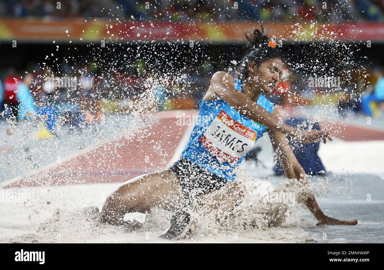 India's Nayana James competes in the women's long jump qualifiers at ...