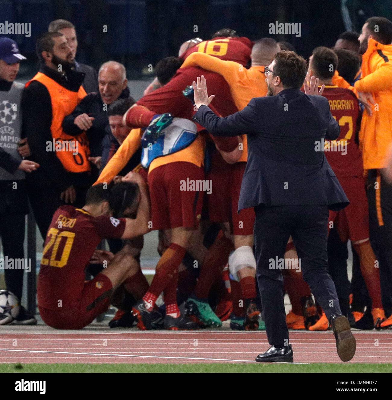 Roma players celebrate after scoring their side's third goal during the ...