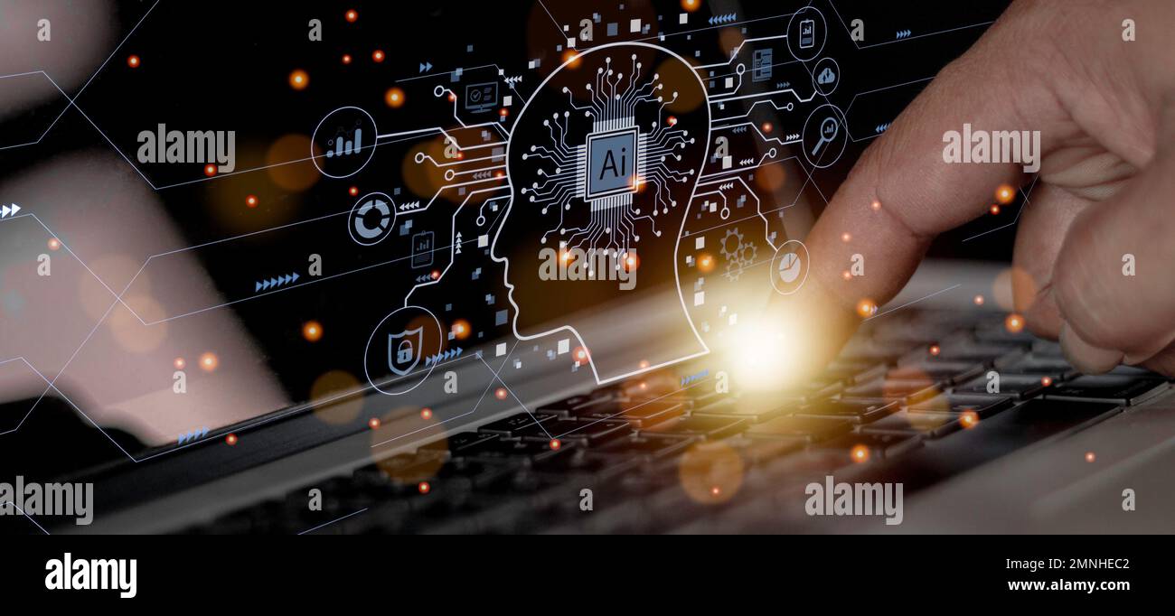 Businessman touching digital chatbot for provide access to information ...