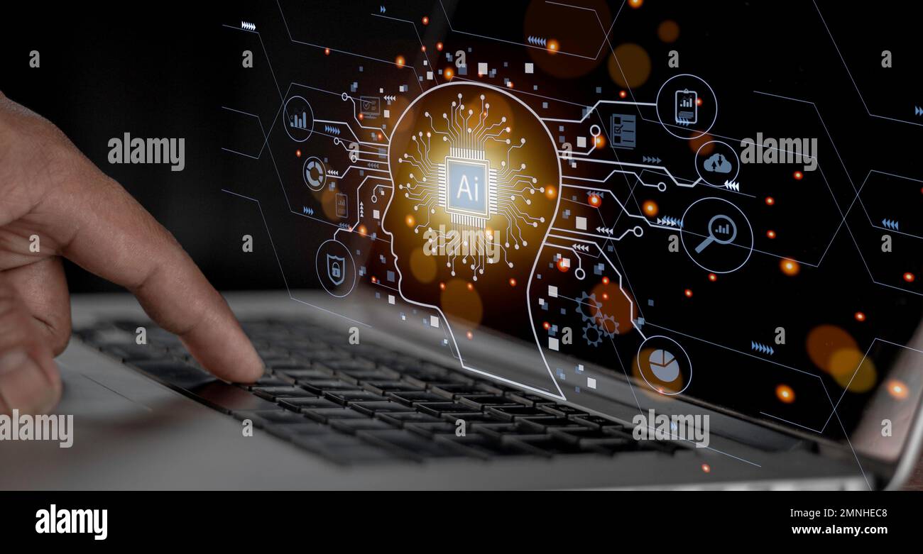 Businessman touching digital chatbot for provide access to information ...