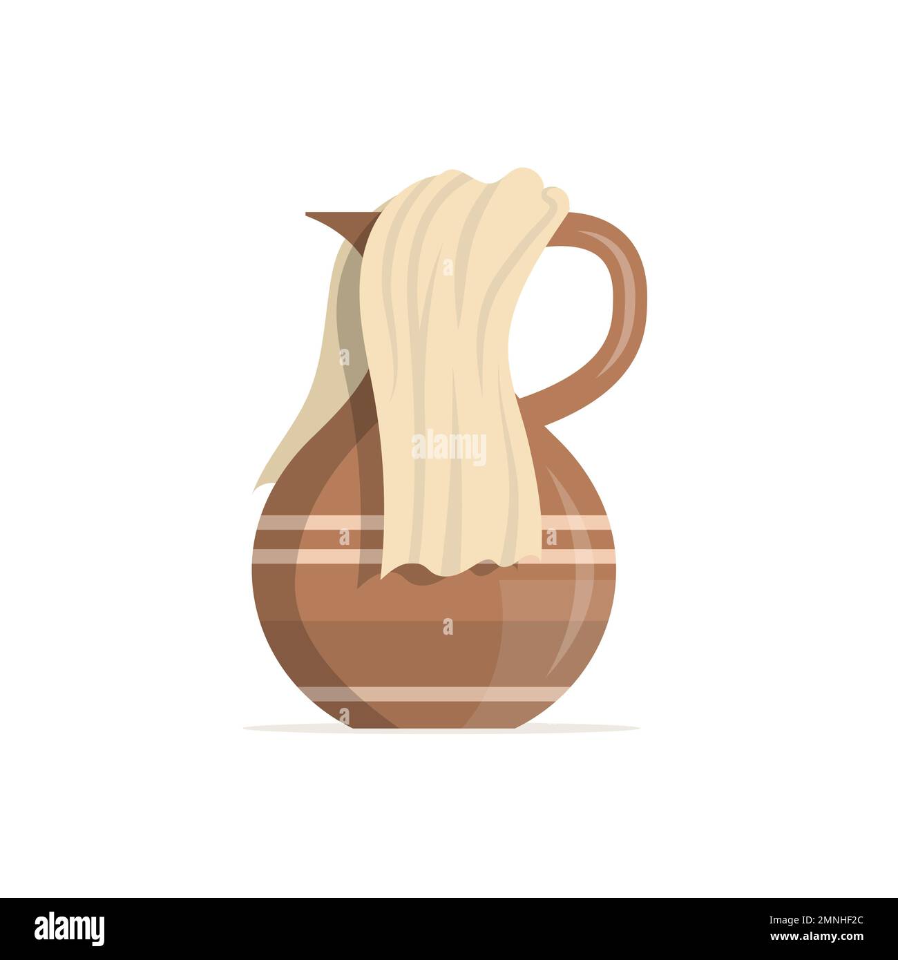 Old clay jug with handle and a towel. Rustic pottery. The washing of ...