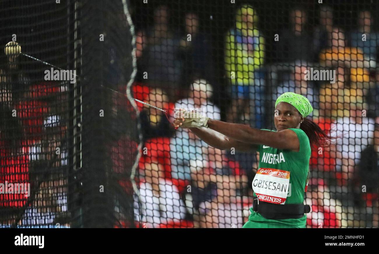 Nigeria's Queen Obisesan competes in the women's hammer throw final at ...