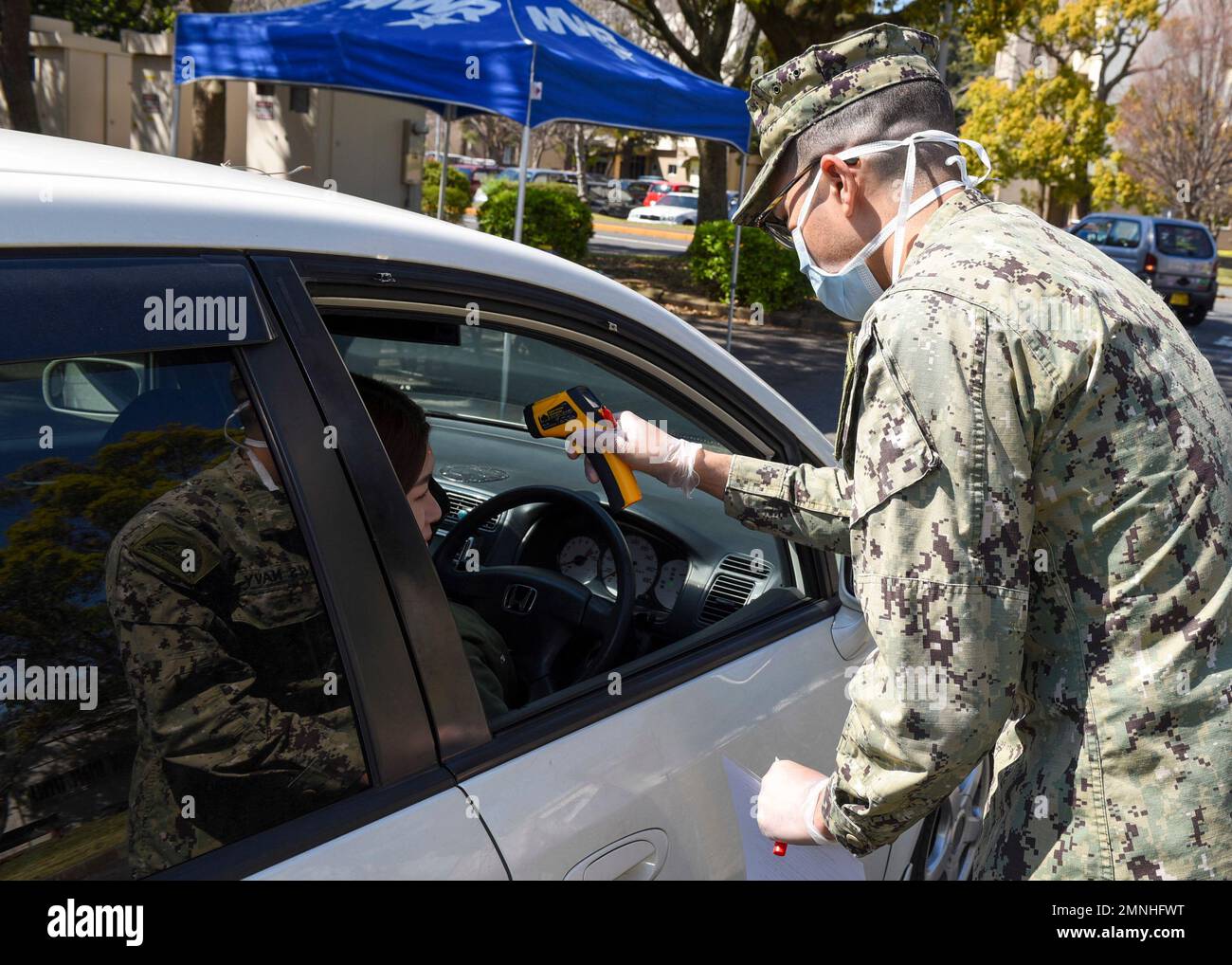 Checking forehead temperatures hi-res stock photography and images - Alamy