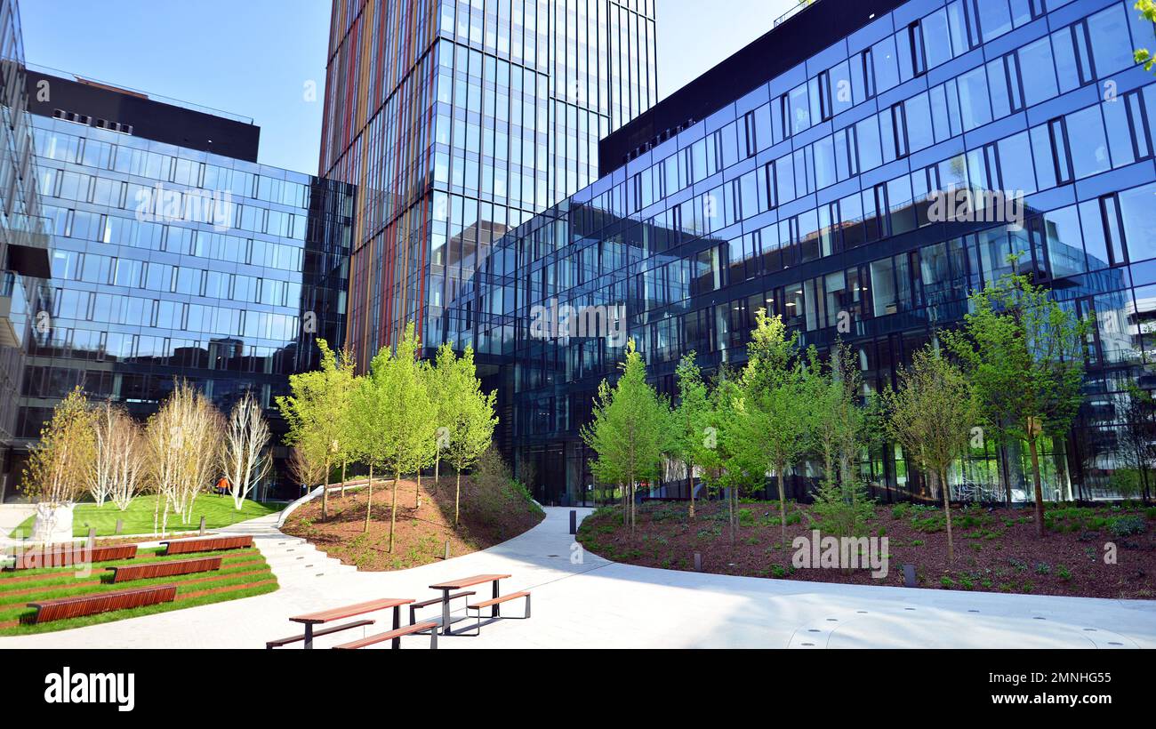 Eco architecture. Green tree and glass office building. The harmony of ...