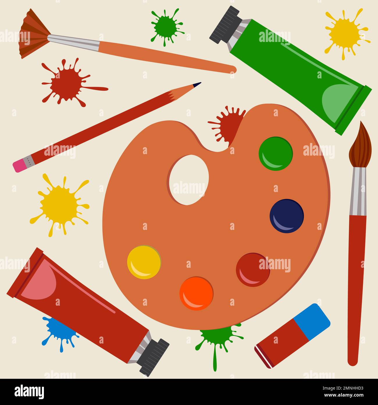 Painting Or Drawing Supplies Set. Brushes, Palette, Tube Of Paint ...