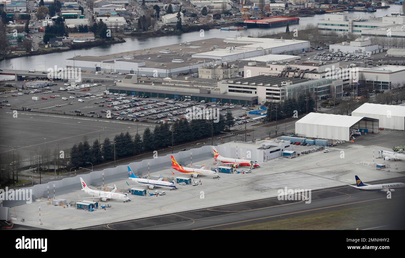 Airplanes are parked at a Boeing facility at Boeing Field, Friday, Feb ...