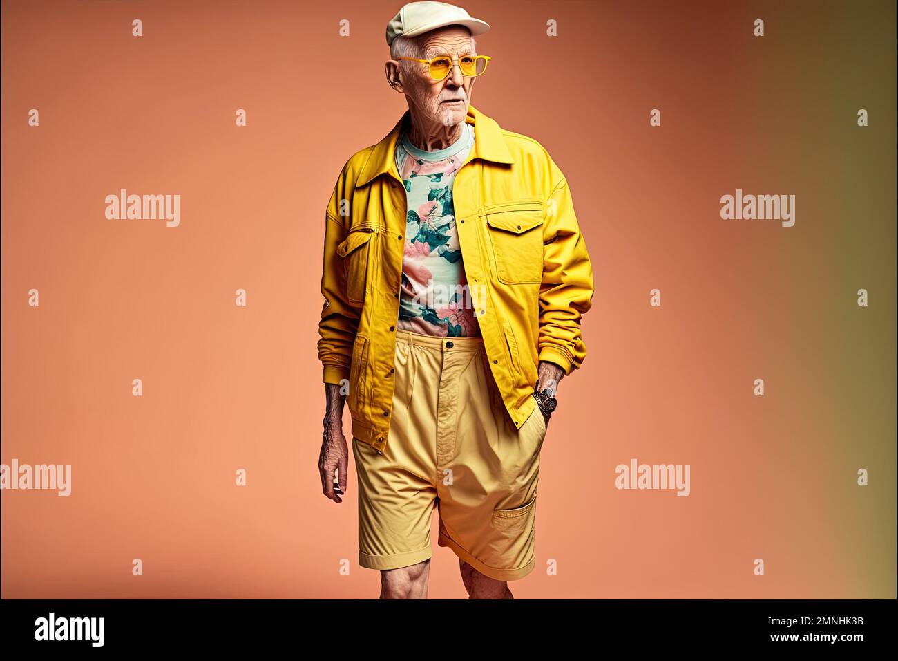 Senior man 65 years or older posing as a model in youth clothing ...