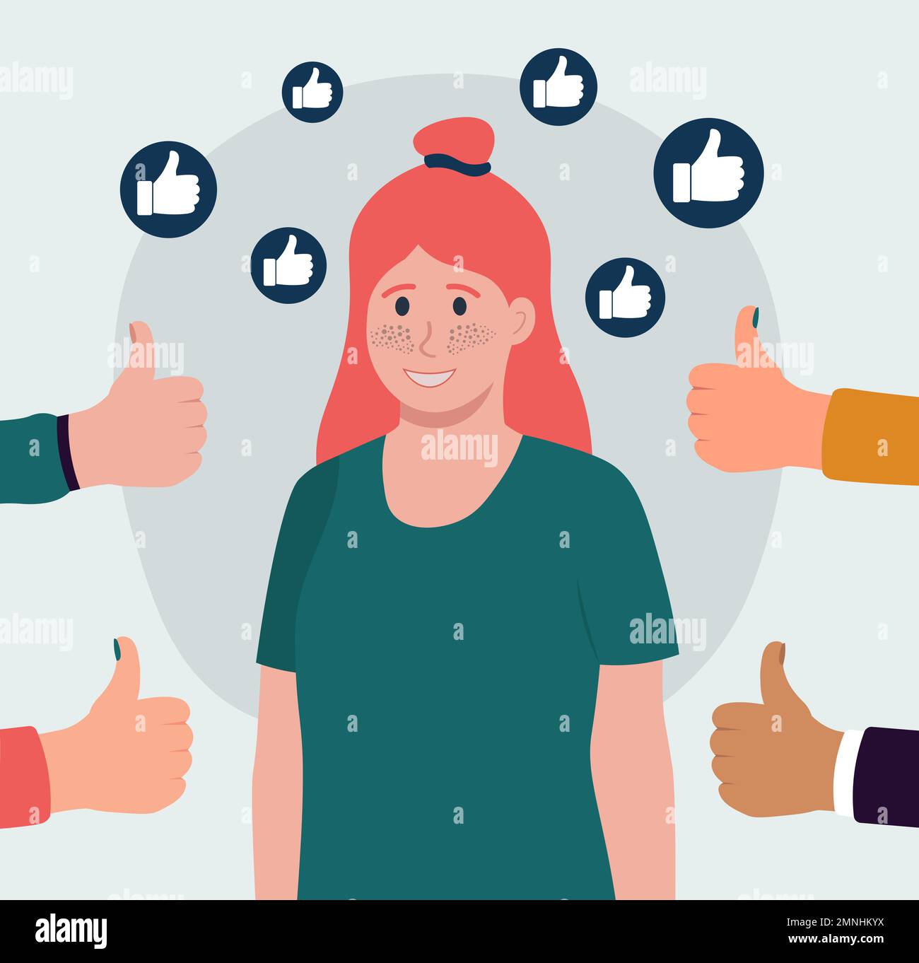 Happy Girl Surrounded By Thumbs Up Mental Health Applause Concept ...
