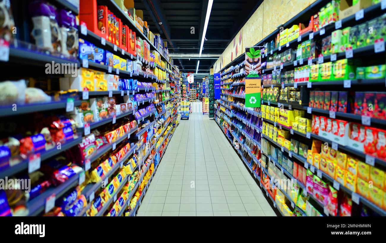 Warsaw, Poland. 20 January 2020. Shelf view of a Carrefour supermarket ...