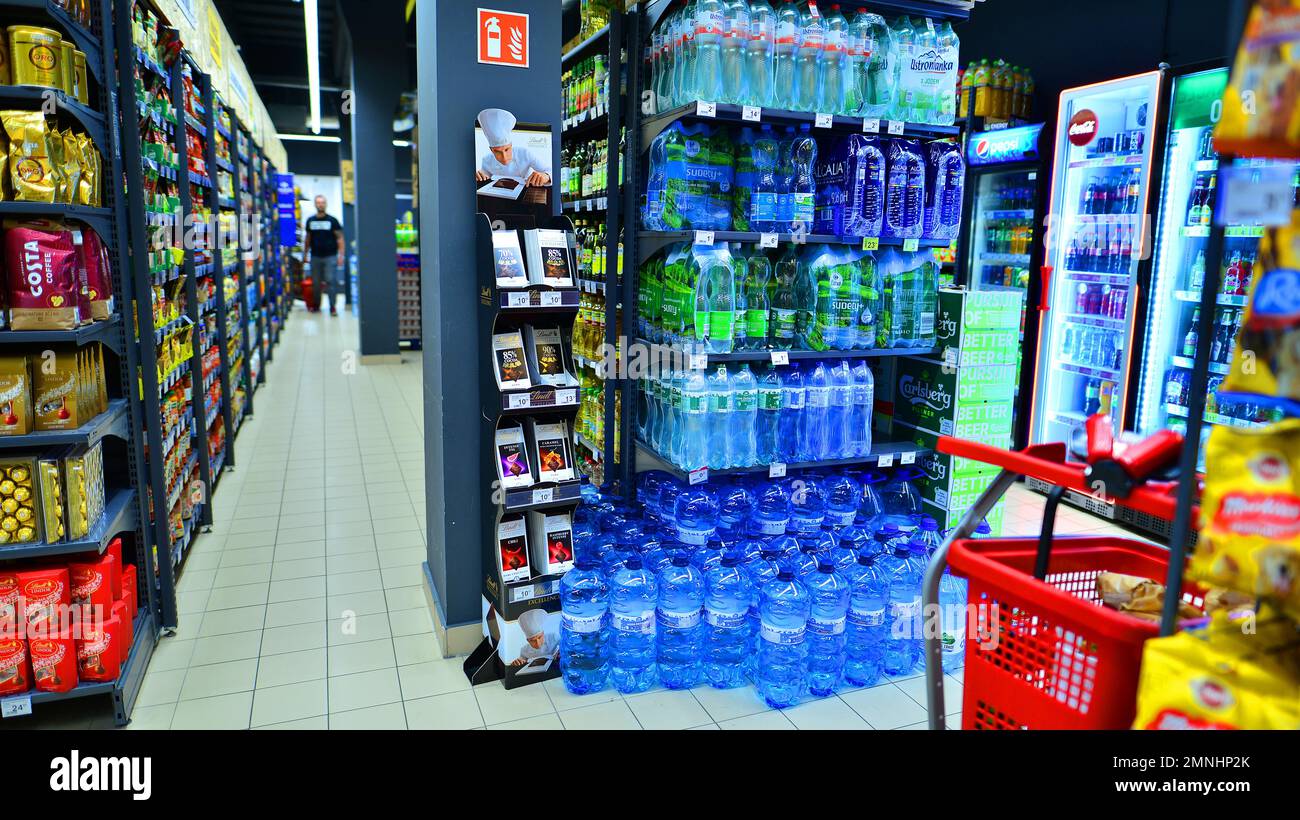 Warsaw, Poland. 20 January 2020. Shelf view of a Carrefour supermarket ...
