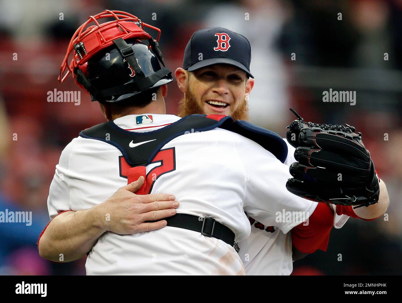 Boston Red Sox's Christian Vazquez, left, celebrates with relief ...