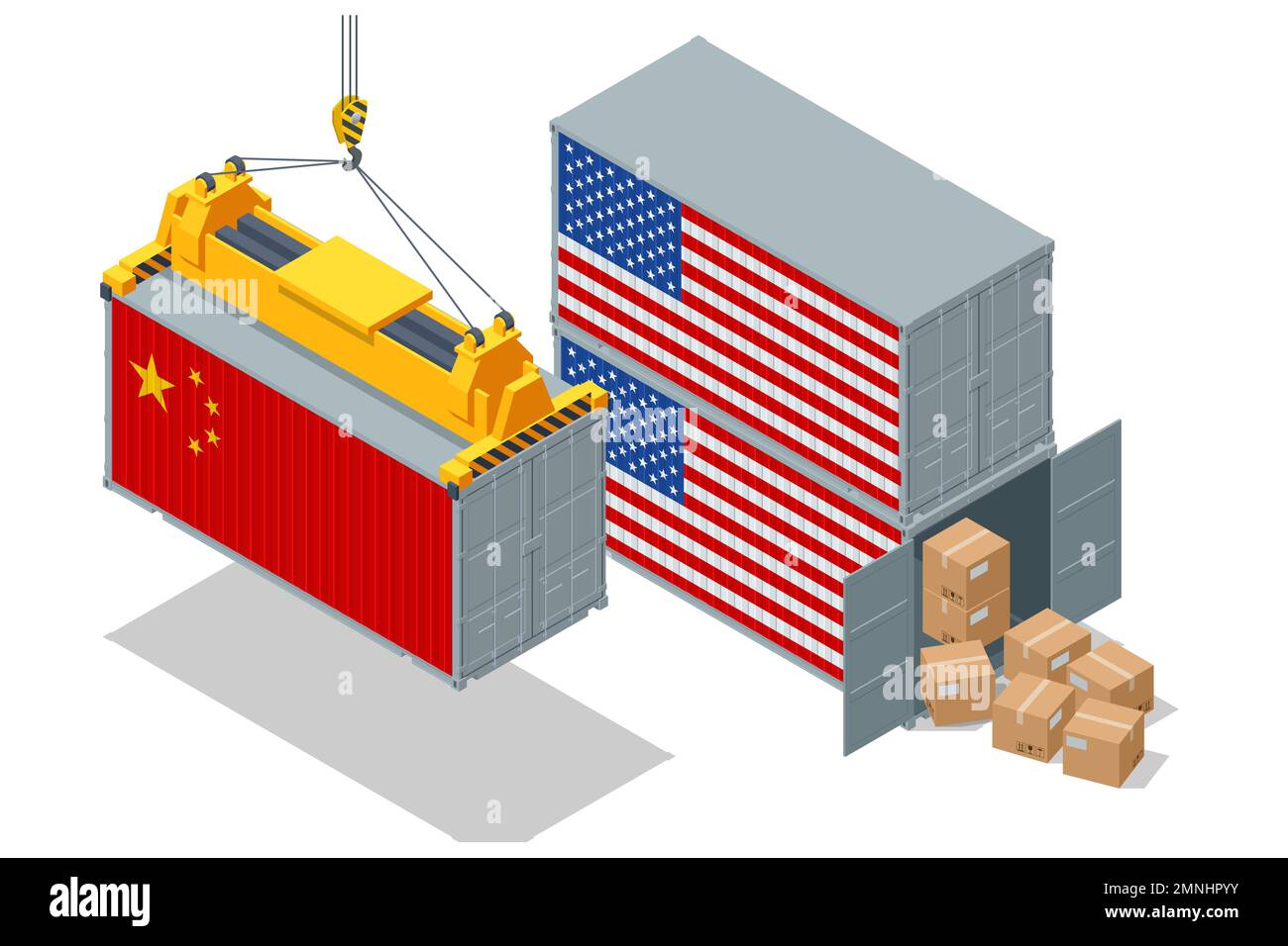 Isometric Containers with USA and China flag. Trade between the US and China. Sea freight ...