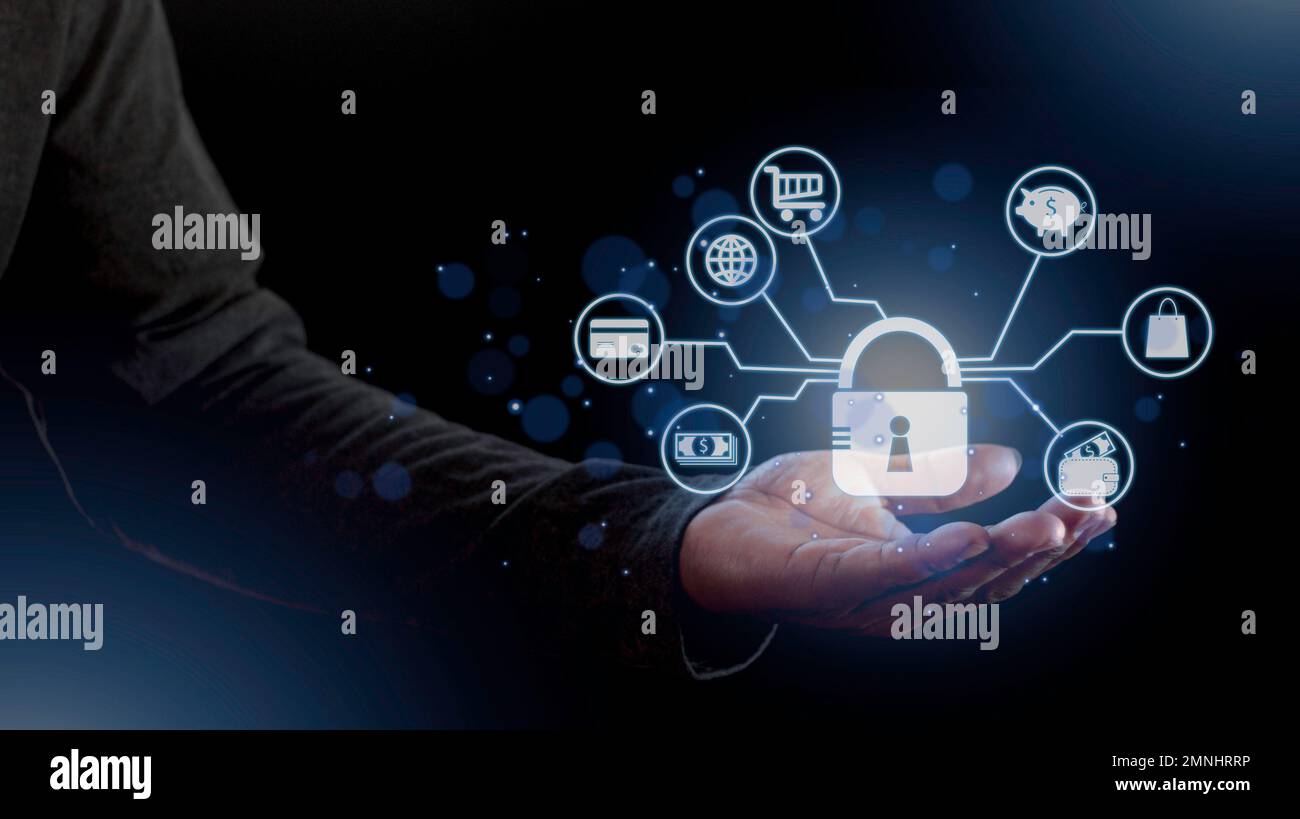 cyber security internet and networking concept. Businessman hand ...