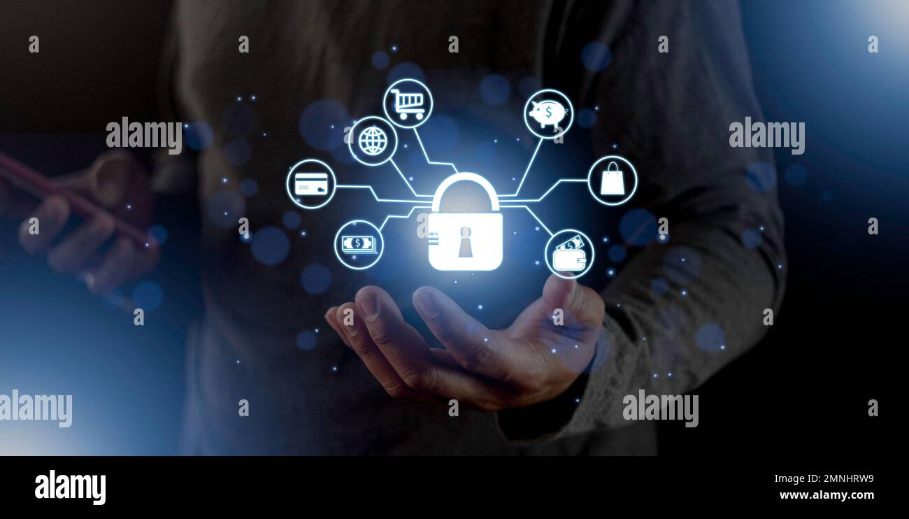 cyber security internet and networking concept. Businessman hand ...