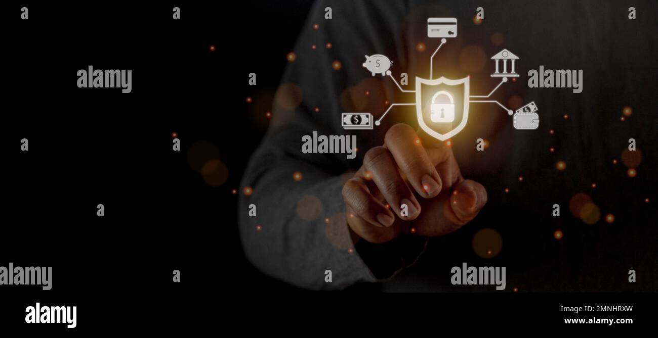 Businessman holding light icon social security network connection with ...