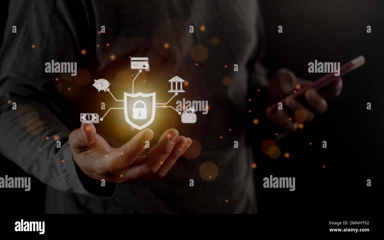 Businessman holding light icon social security network connection with ...