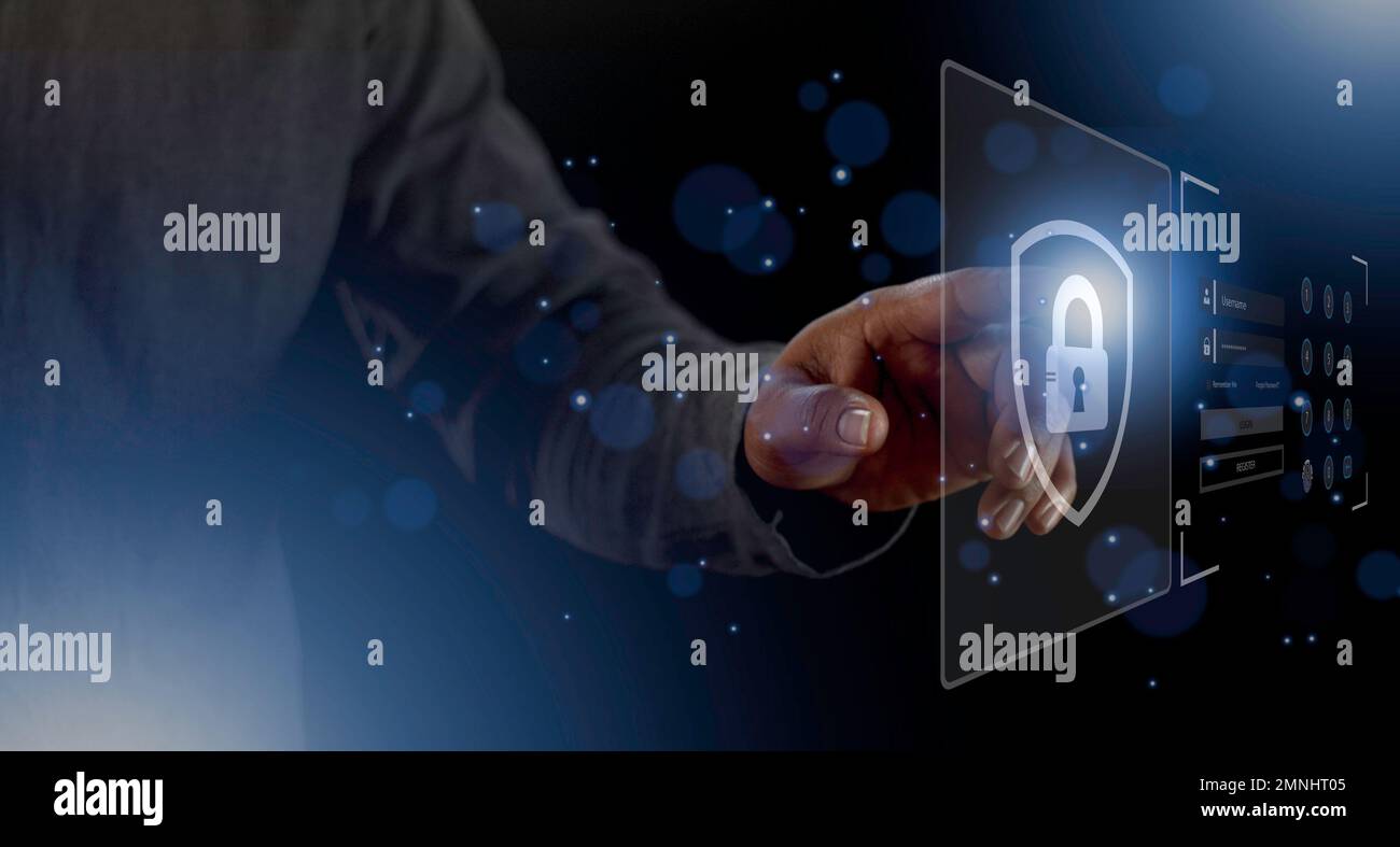 cyber security internet and networking concept. Businessman hand ...