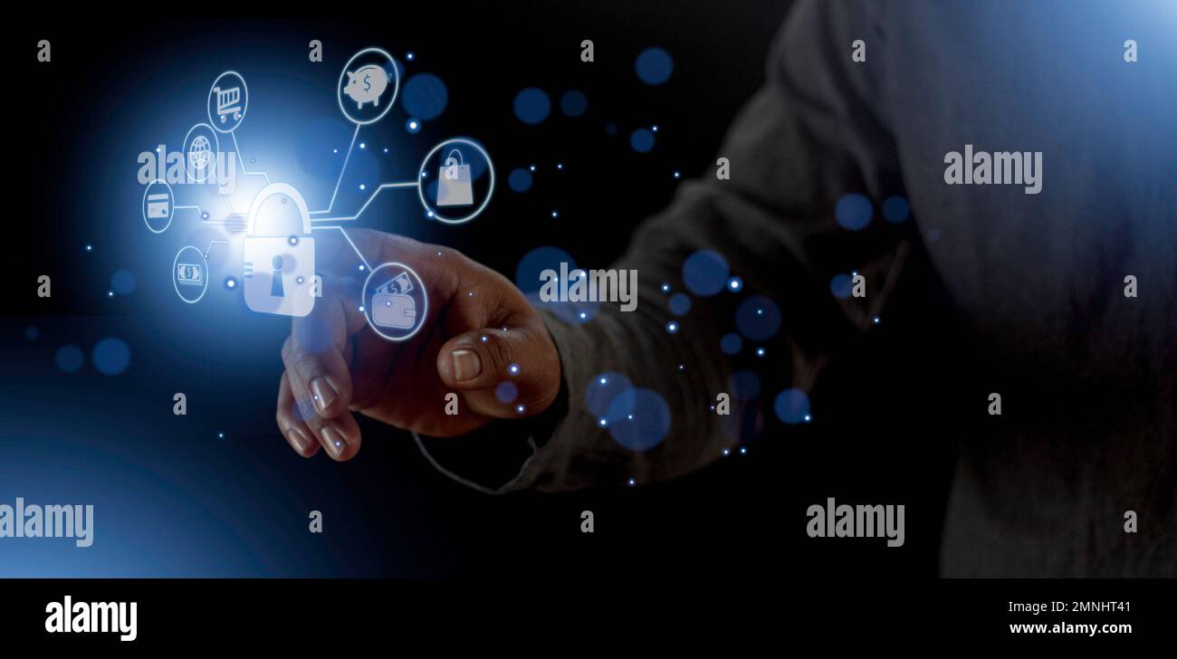 cyber security internet and networking concept. Businessman hand ...