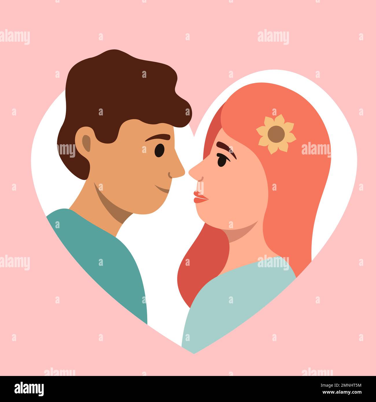Multicultural Lovers Portrait In Heart Shape. Couple In Love. Vector ...