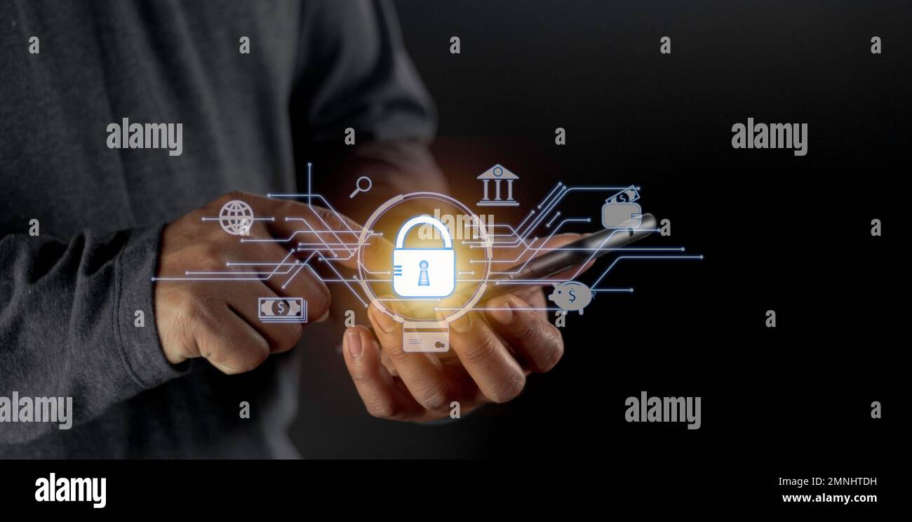 Businessman holding light icon social security network connection with ...