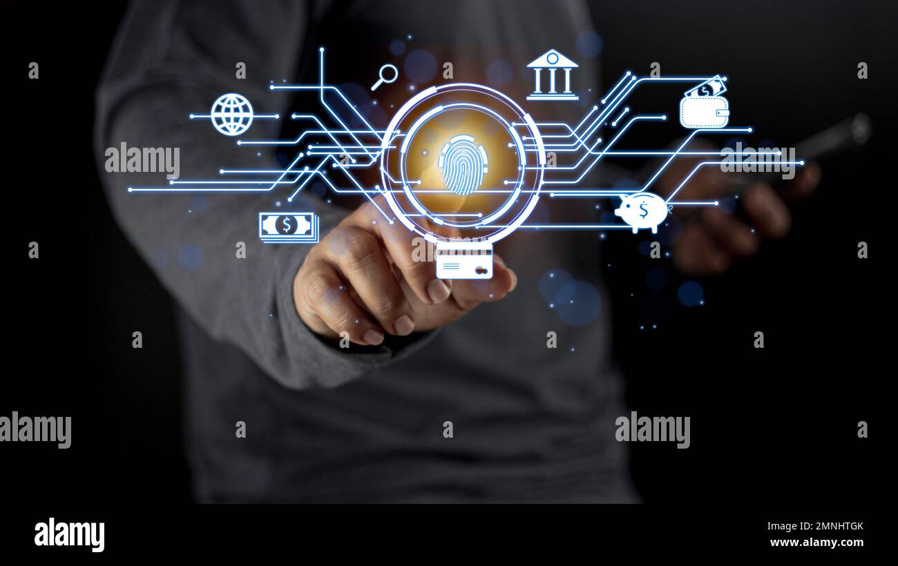 Businessman holding light icon social security network connection with ...