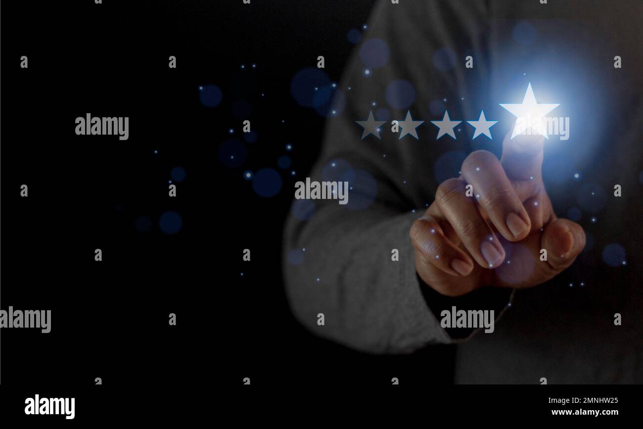 Satisfaction close up on customer man hand pressing on screen with five ...