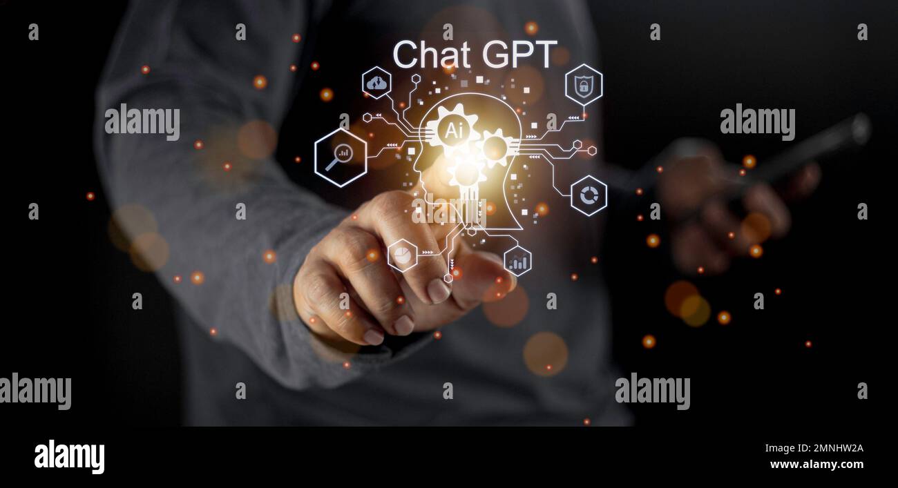 Businessman holding light icon GPT intelligence Ai.Chat GPT Chat with ...