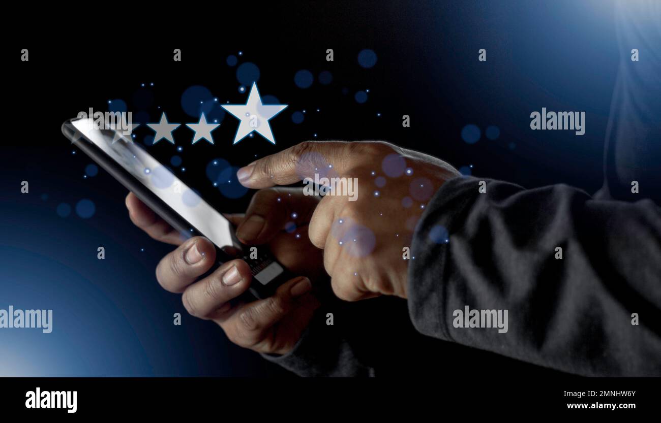 Satisfaction close up on customer man hand pressing on screen with five ...