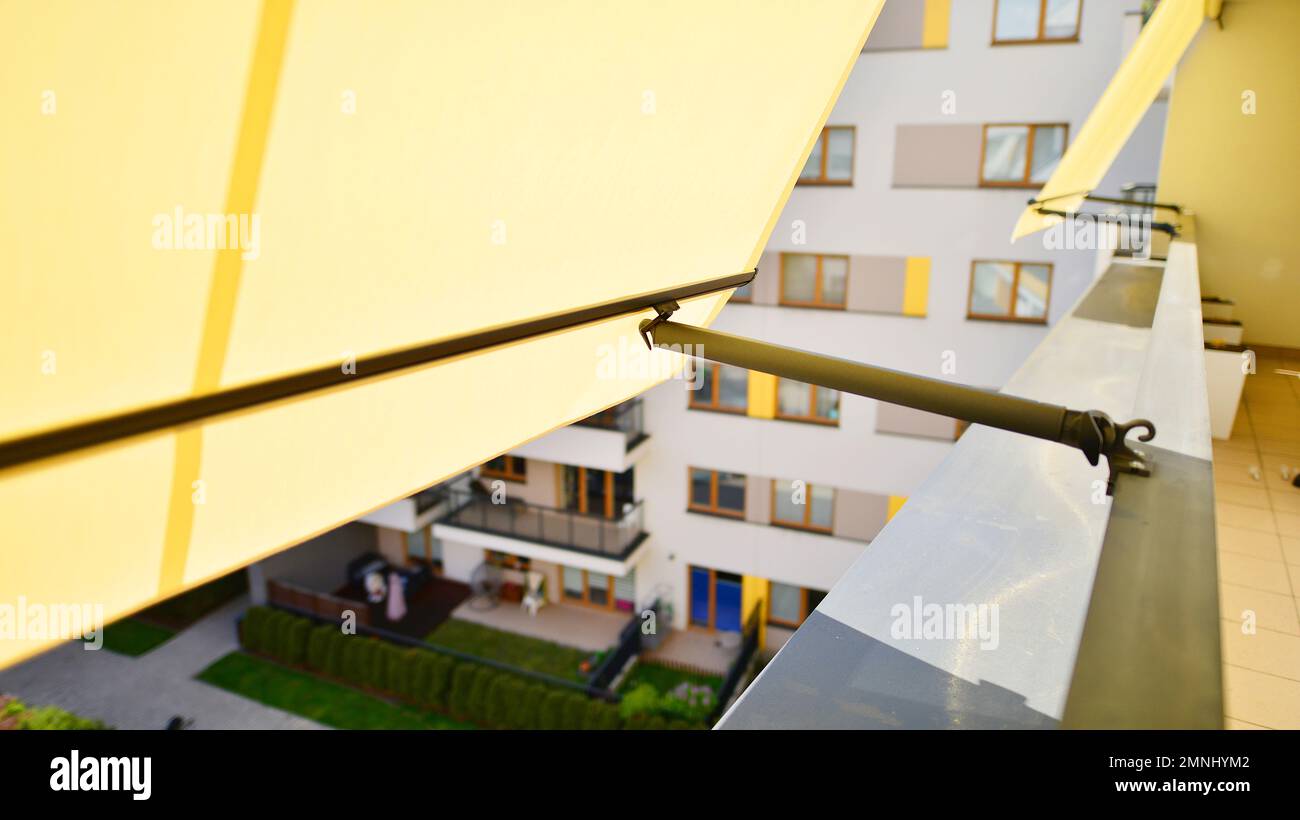 Modern architecture building facade with awnings. Balcony with awning ...