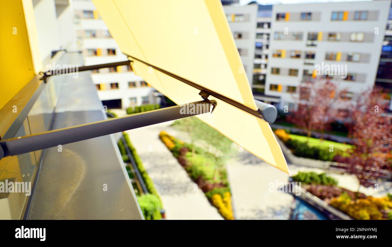 Modern architecture building facade with awnings. Balcony with awning ...