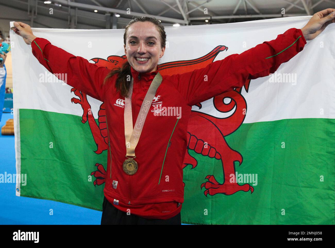 Gold medalist Elinor Barker from Wales hold her national flag during ...