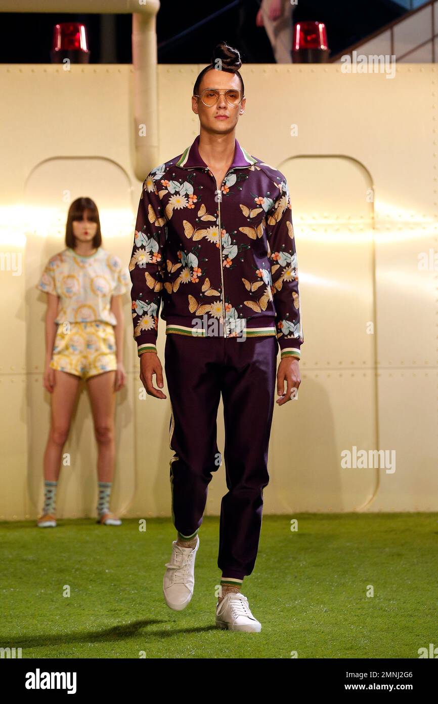 A model wears a creation designed by Belgian singer Stromae and his ...